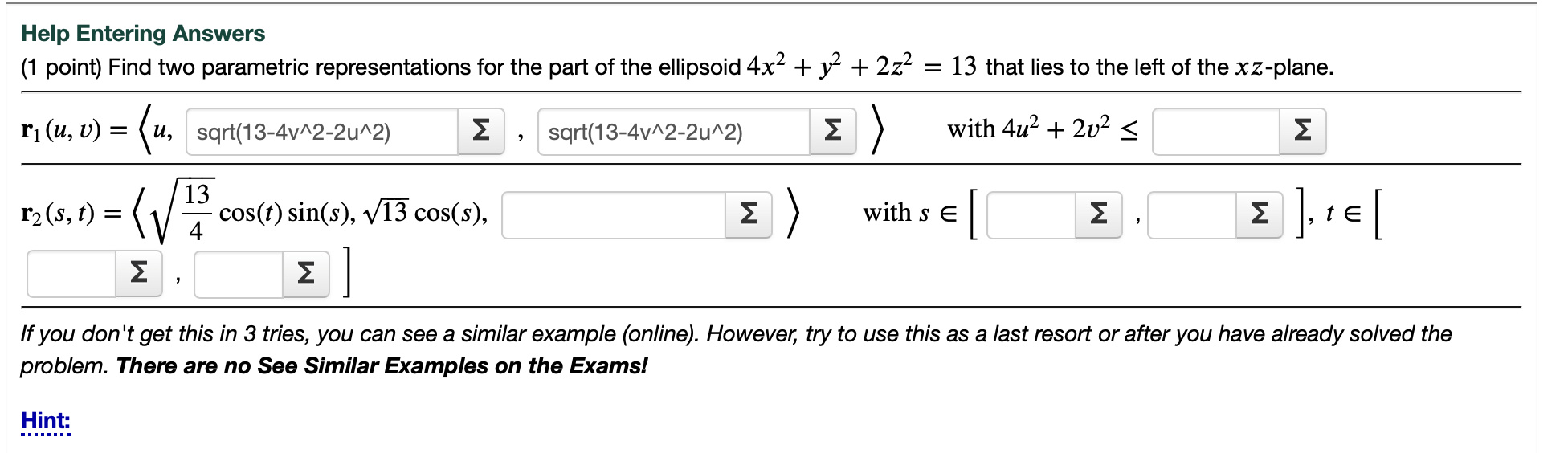 Solved Help Entering Answers (1 point) Find two parametric | Chegg.com