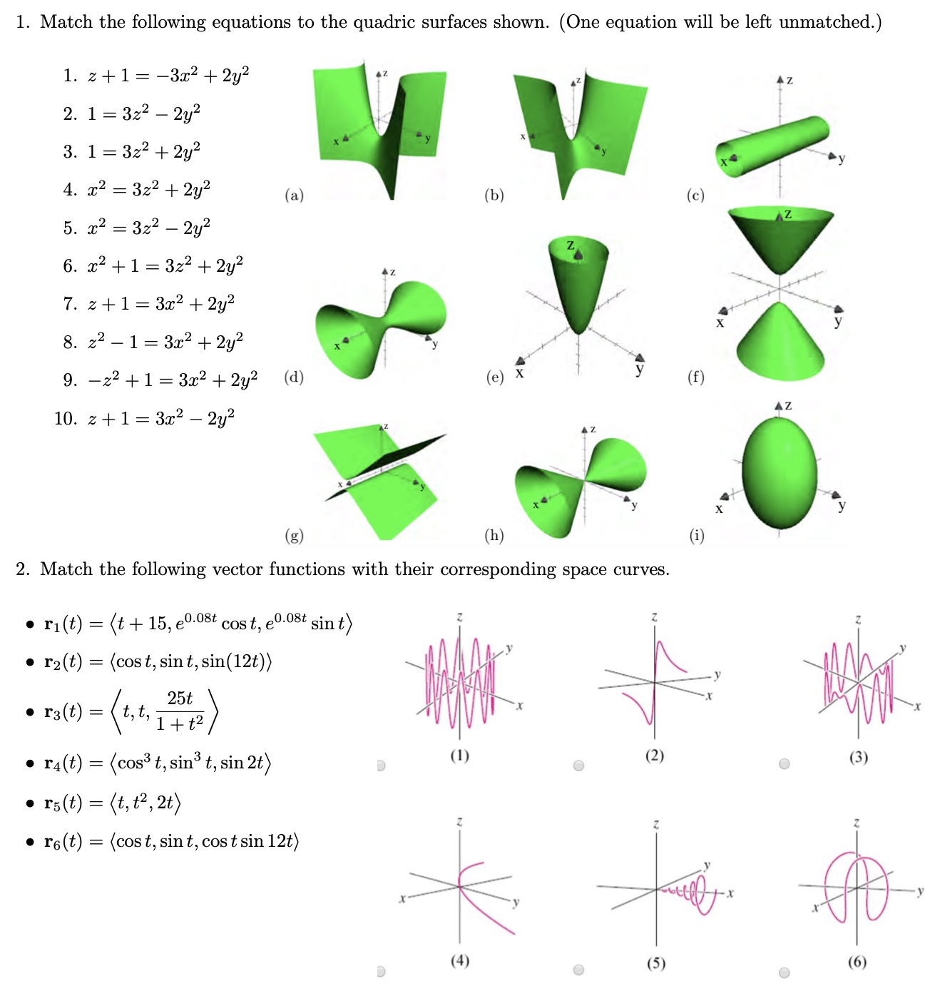 Solved 1.Match the following equations to the quadric | Chegg.com