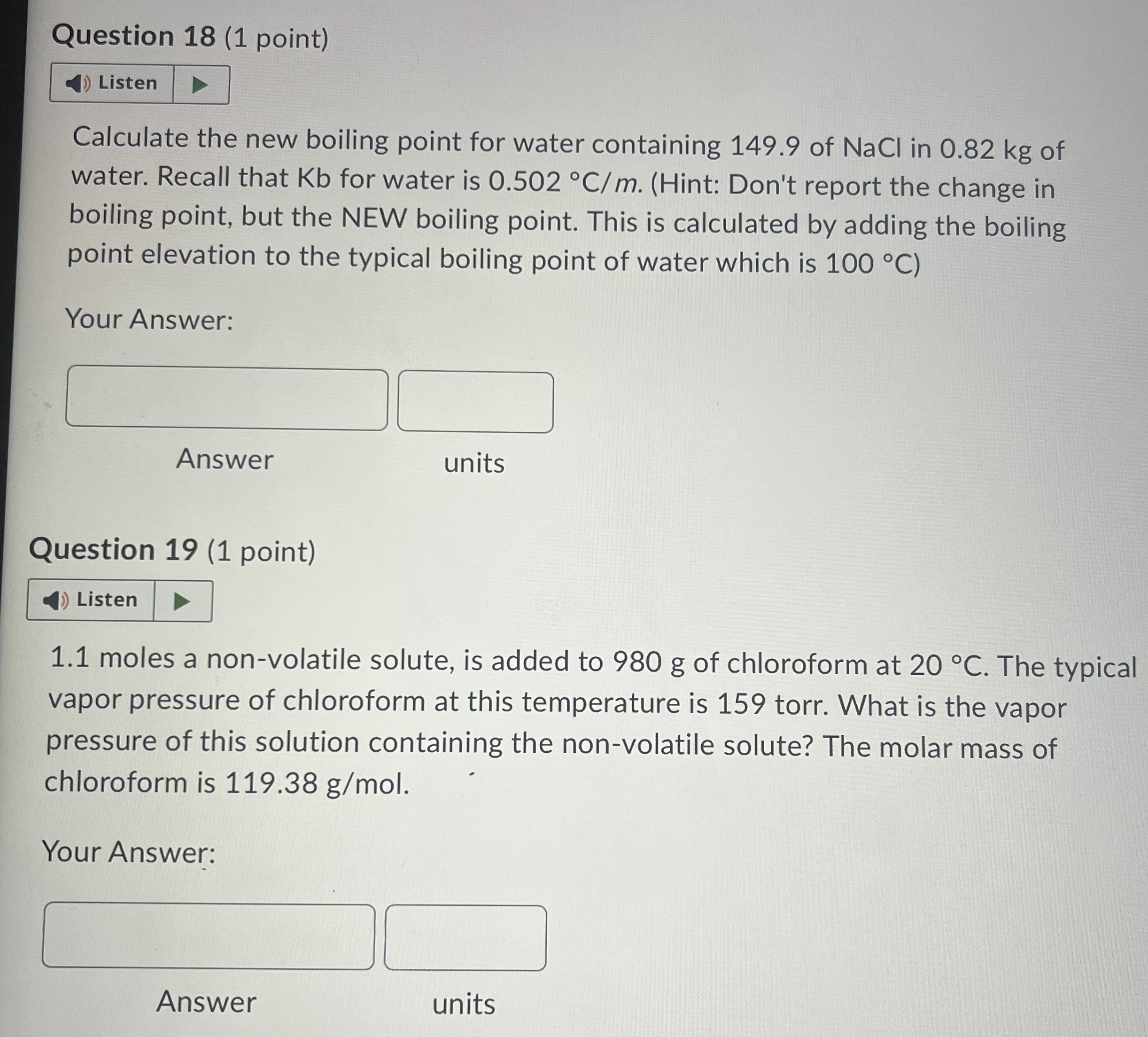 Solved Question 18 (1 ﻿point)Calculate the new boiling point | Chegg.com