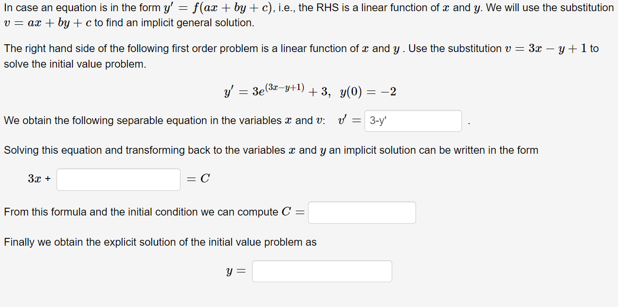 Solved In case an equation is in the form y′=f(ax+by+c), | Chegg.com