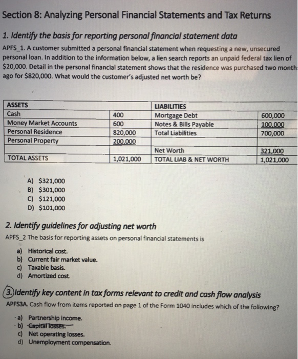Solved Section 8: Analyzing Personal Financial Statements | Chegg.com
