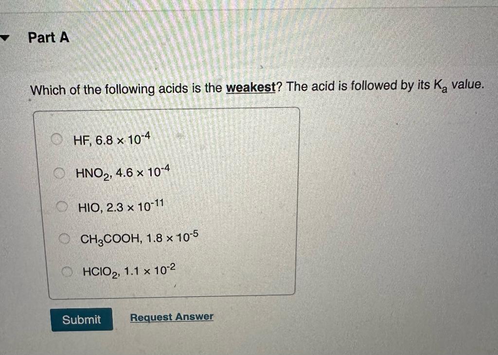 Solved Which of the following acids is the weakest? The acid | Chegg.com