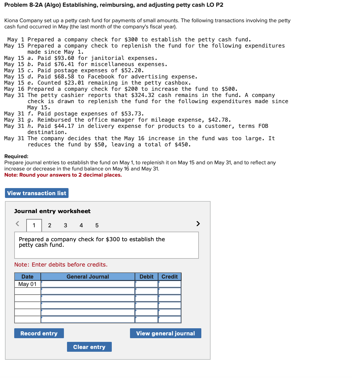 Solved Problem 8-2A (Algo) Establishing, reimbursing, and | Chegg.com