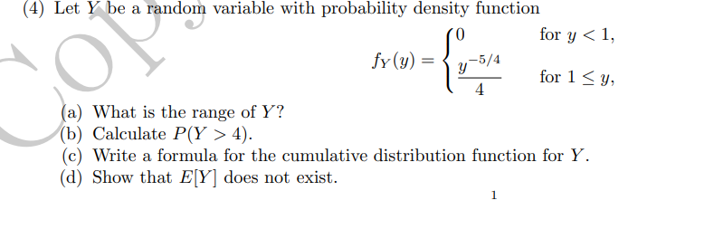 Solved (4) Let Y be a random variable with probability | Chegg.com