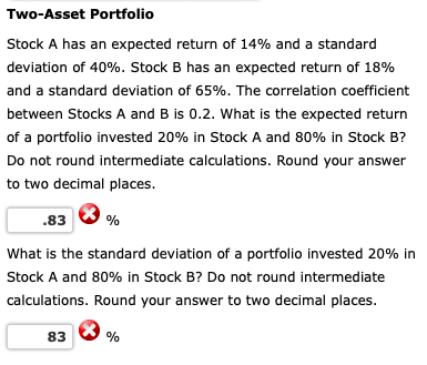 Solved Two-Asset Portfolio Stock A has an expected return of | Chegg.com