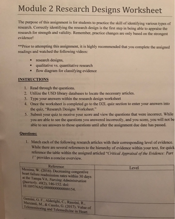 Module 2 Research Designs Worksheet The purpose of | Chegg.com