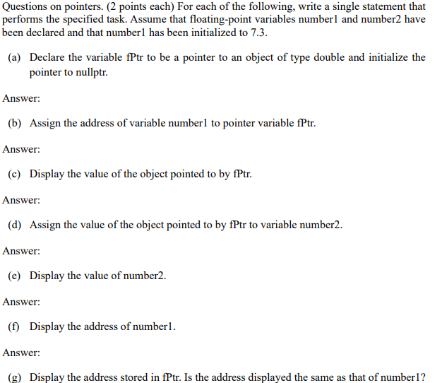 Solved Questions on pointers. (2 points each) For each of | Chegg.com