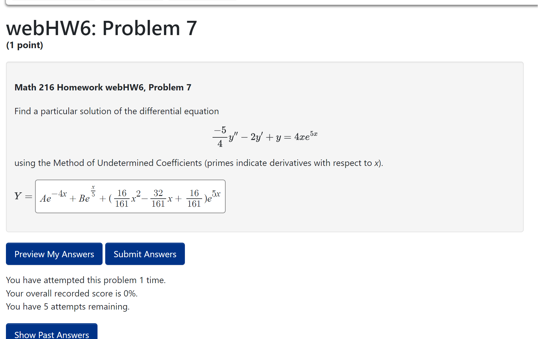 Solved Math 216 Homework webHW6, Problem 7 Find a particular | Chegg.com