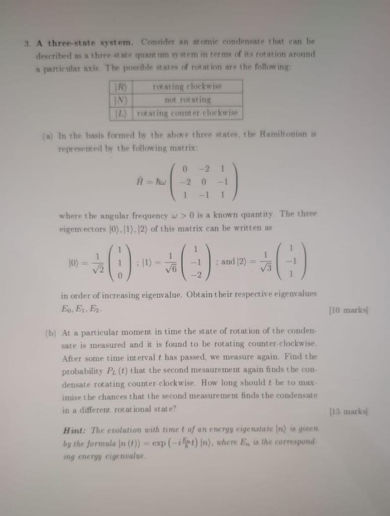 Solved 3. A three state system. Consider an Atomic | Chegg.com