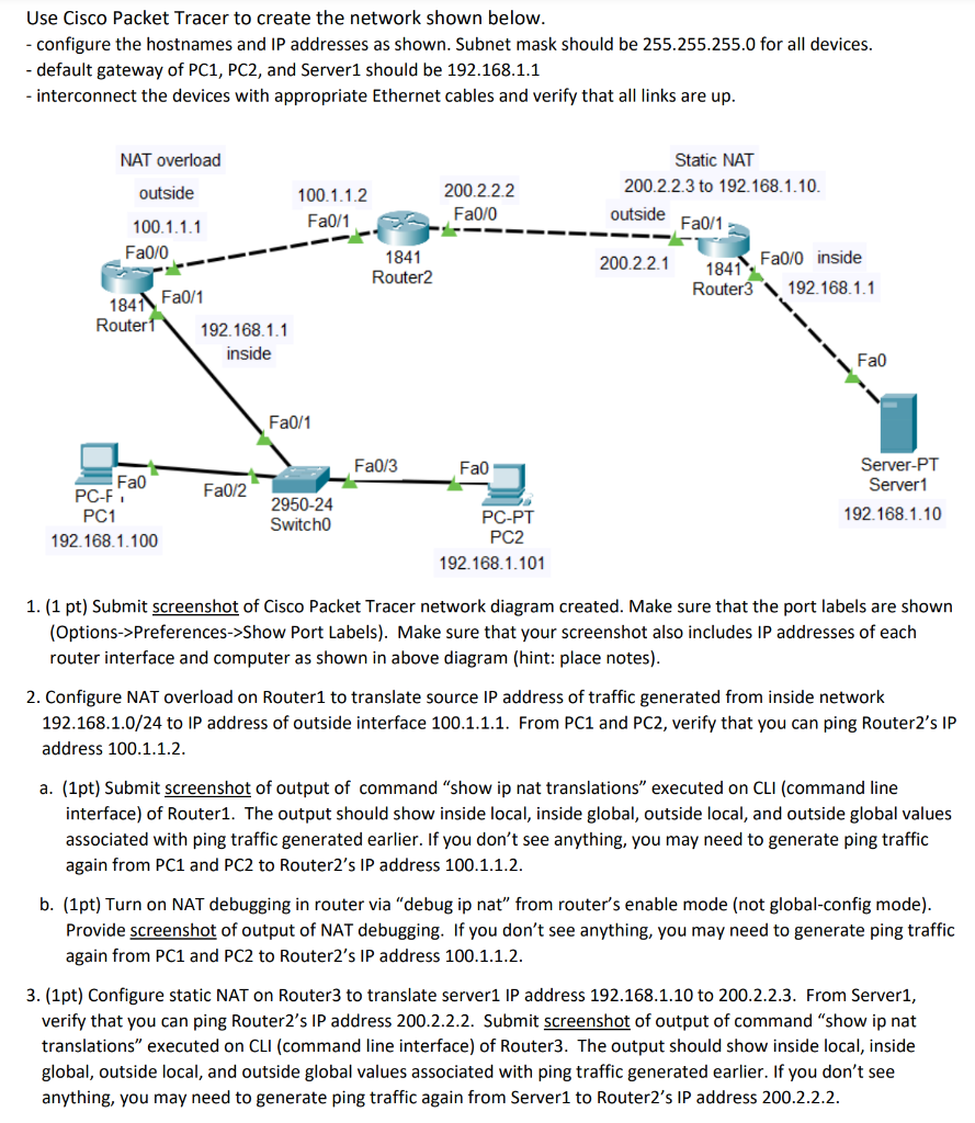 Solved Use Cisco Packet Tracer to create the network shown | Chegg.com