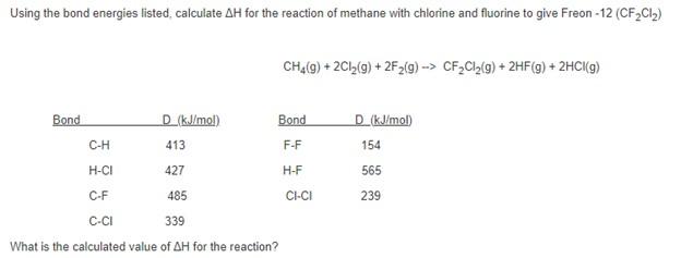 Solved Using the bond energies listed, calculate ΔH for the | Chegg.com
