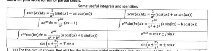 Solved Some useful integrals and identities xsin (ax)dx = 2 | Chegg.com