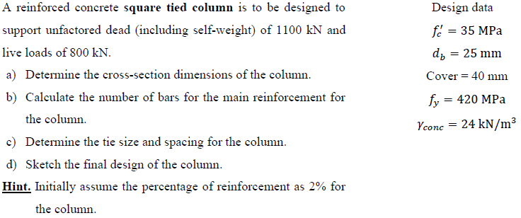 Solved A reinforced concrete square tied column is to be | Chegg.com