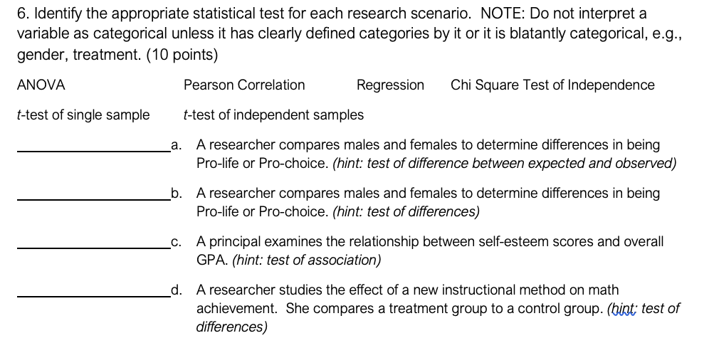 Solved 6. Identify the appropriate statistical test for each | Chegg.com