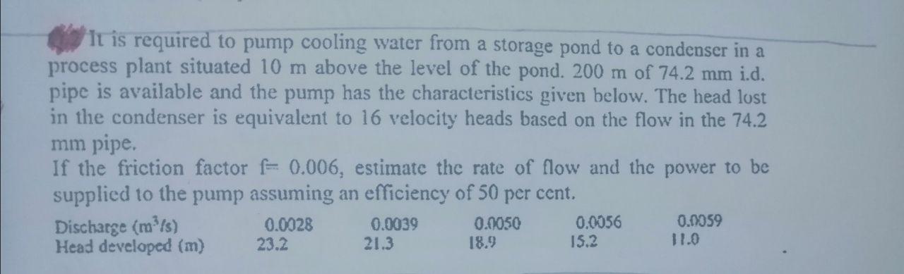 Solved It is required to pump cooling water from a storage | Chegg.com