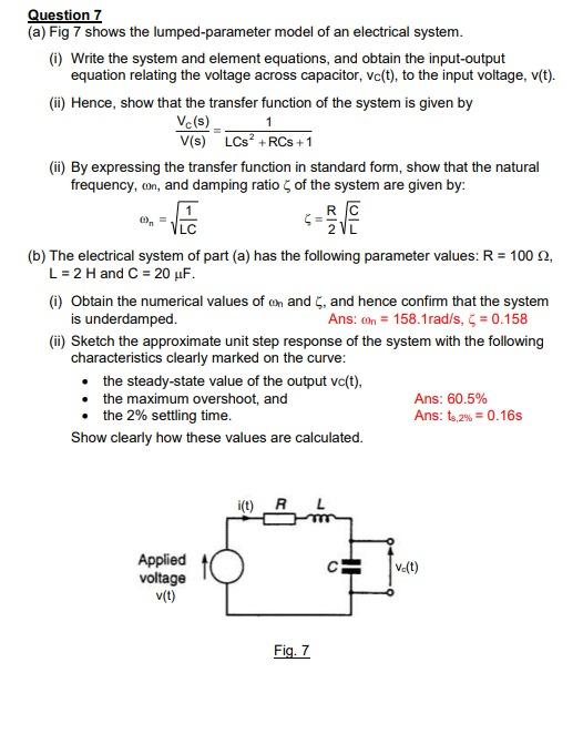 Solved Question 7 (a) Fig 7 shows the lumped-parameter model | Chegg.com