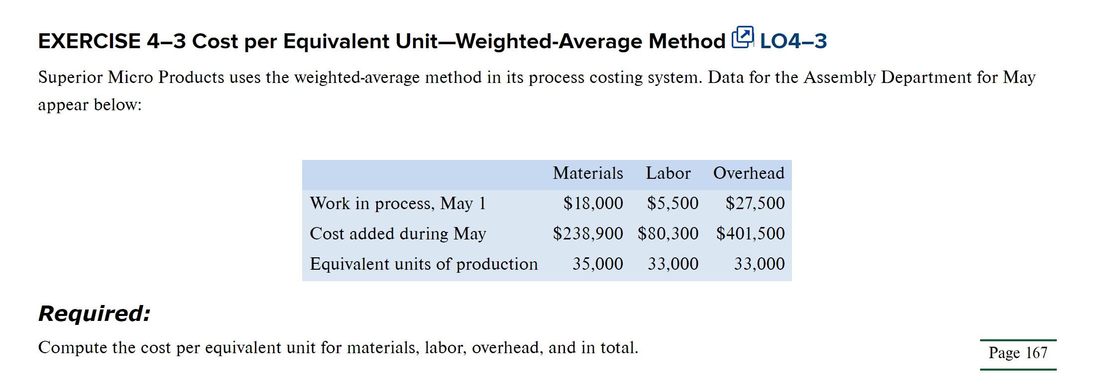 Solved EXERCISE 4-3 Cost per Equivalent | Chegg.com