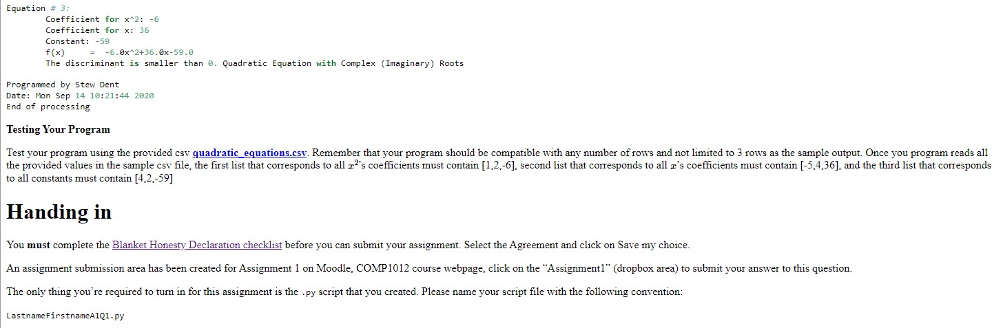 Solved USING PYTHON TO WRITE IT. quadratic_equation.csv (FOR | Chegg.com