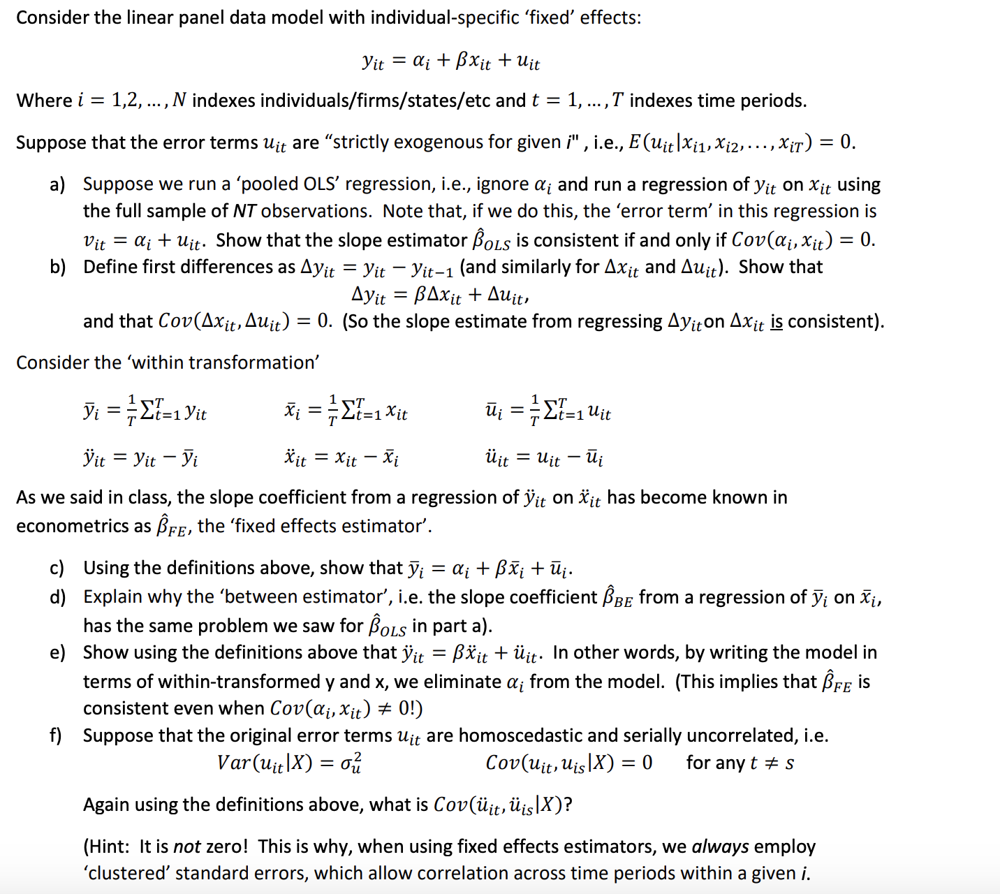 Consider the linear panel data model with | Chegg.com