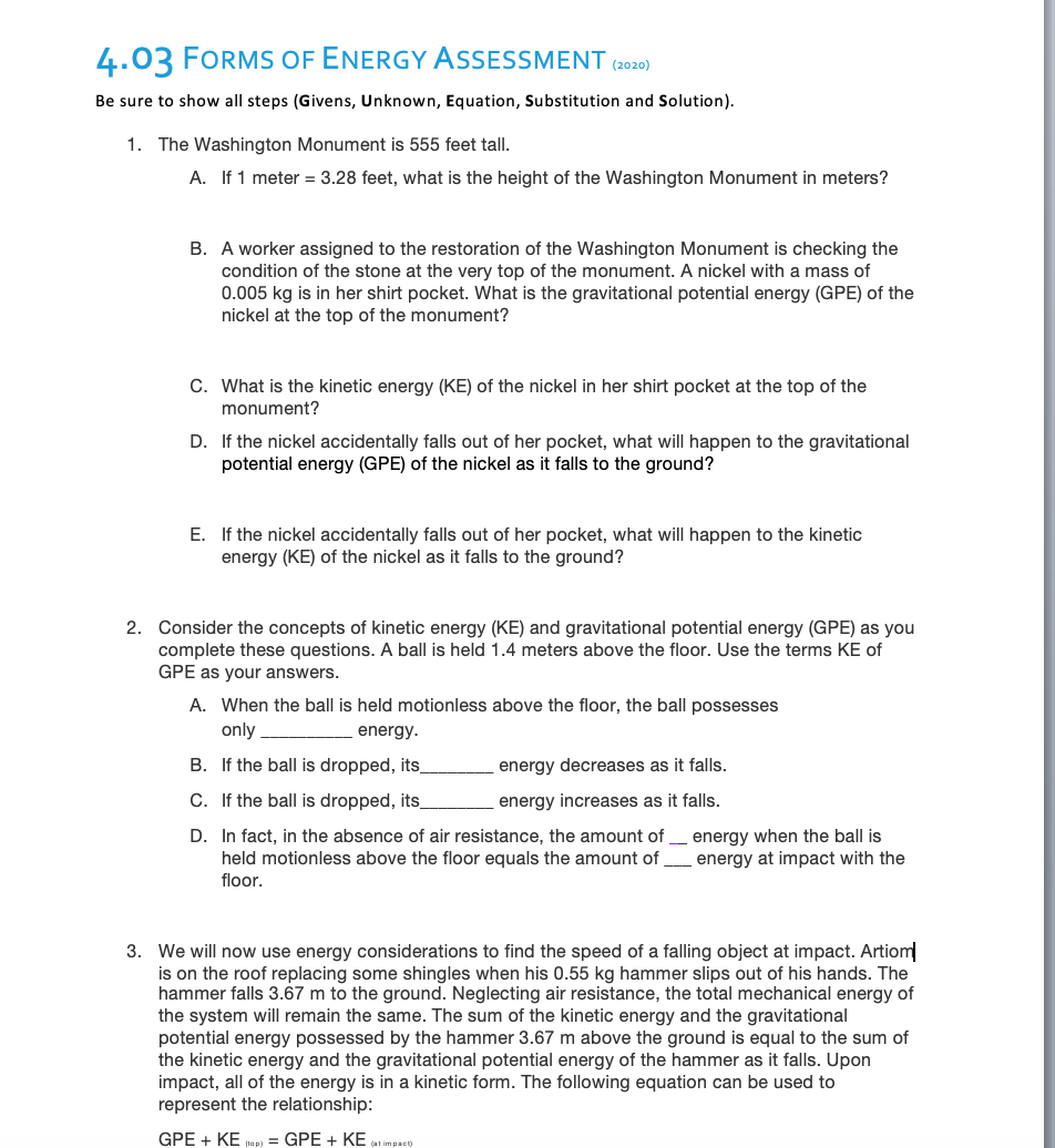Solved 4.03 FORMS OF ENERGY ASSESSMENT (2020) Be sure to | Chegg.com