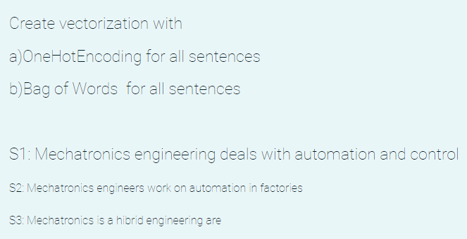 Solved Create vectorization with a)OneHotEncoding for all | Chegg.com