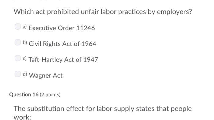 Solved Which act prohibited unfair labor practices by | Chegg.com