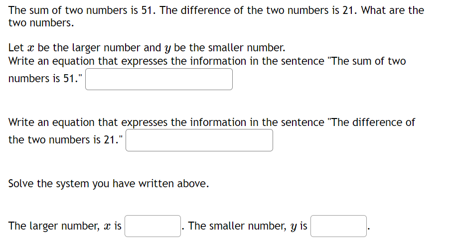 Solved The sum of two numbers is 51 . The difference of the | Chegg.com