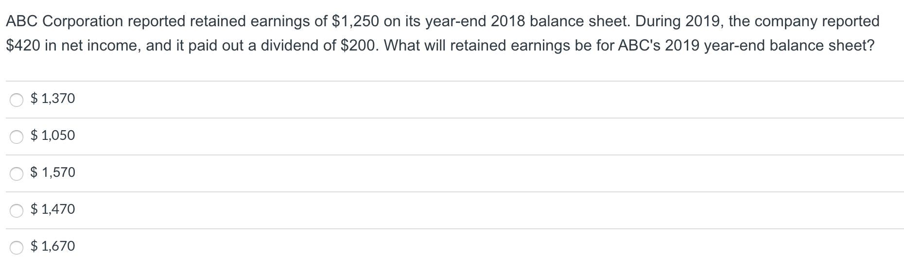 Solved ABC Corporation reported retained earnings of $1,250 | Chegg.com