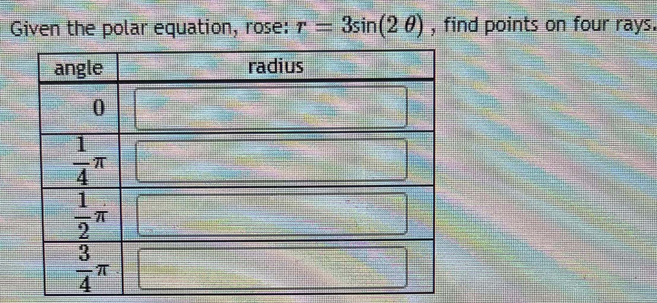 Solved Given the polar equation, rose: 1 = 3sin(2 8), find | Chegg.com