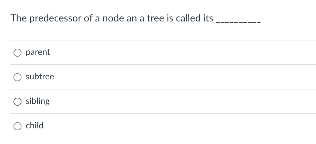 Solved The predecessor of a node an a tree is called | Chegg.com