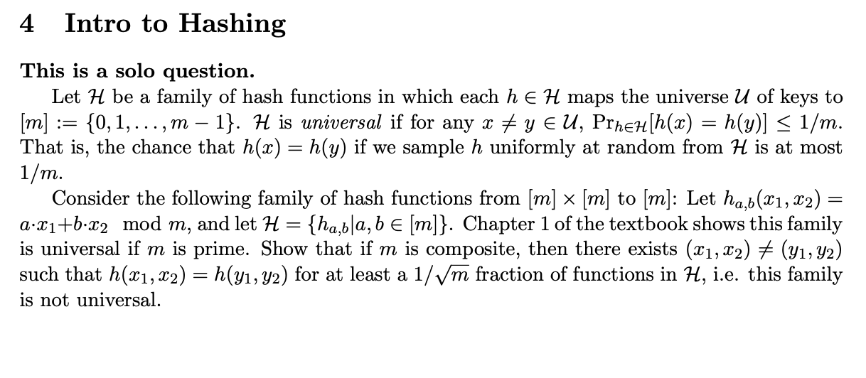 4 Intro to Hashing This is a solo question. Let H be | Chegg.com
