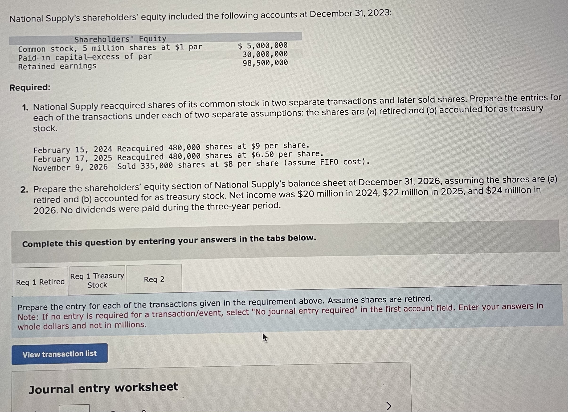 Solved National Supply's shareholders' equity included the | Chegg.com