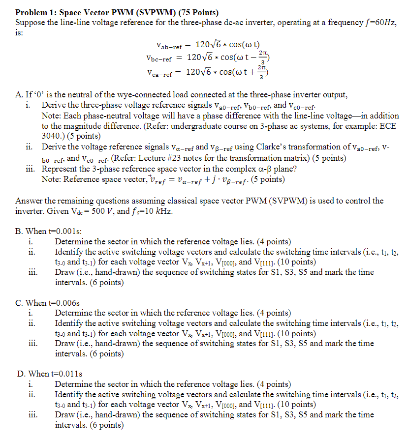 Problem 1: Space Vector PWM (SVPWM) (75 Points) | Chegg.com