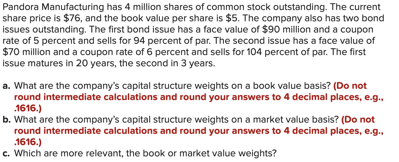 Solved Pandora Manufacturing has 4 million shares of common | Chegg.com
