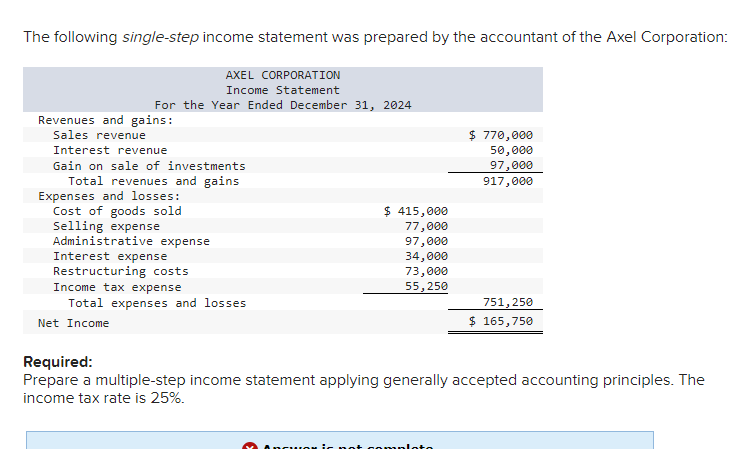 Solved The following single-step income statement was | Chegg.com