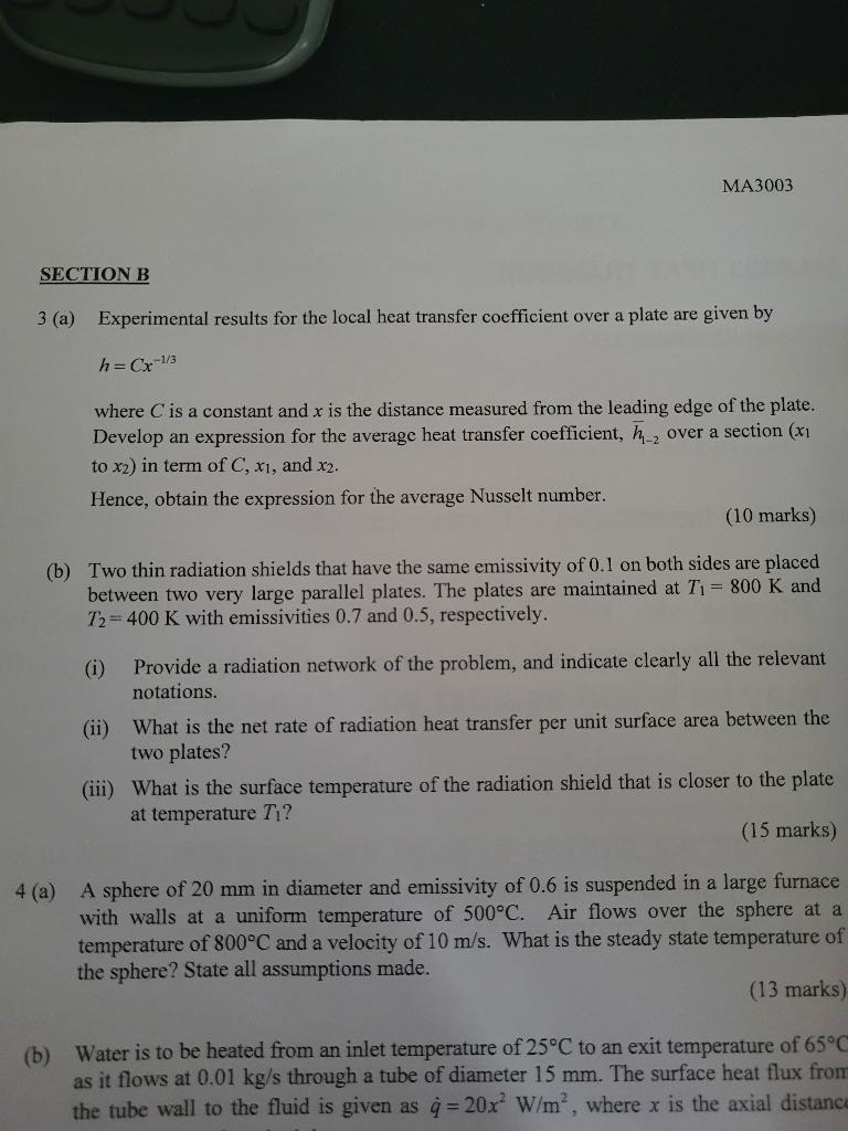 Solved MA3003 SECTION B 3 (a) Experimental results for the | Chegg.com