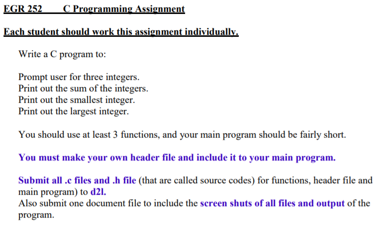 Solved EGR 252 C Programming Assignment Each student should | Chegg.com