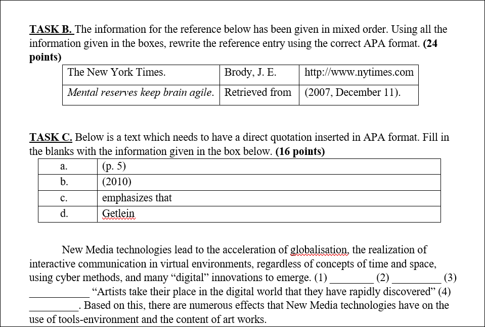 Solved TASK B. The information for the reference below has | Chegg.com