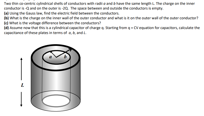 Solved Two thin co-centric cylindrical shells of conductors | Chegg.com