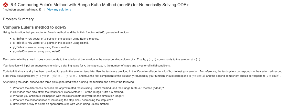 Solved 6.4 Comparing Euler's Method with Runga Kutta Method | Chegg.com