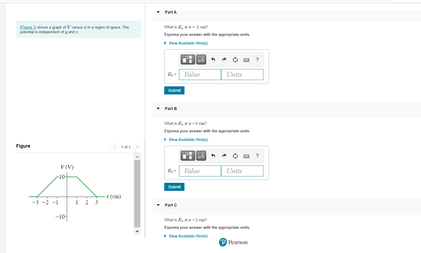 Solved (Figure 1) shows a graph of V versus x in a region of | Chegg.com