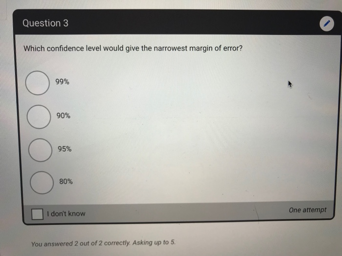 Solved Question 3 Which confidence level would give the | Chegg.com