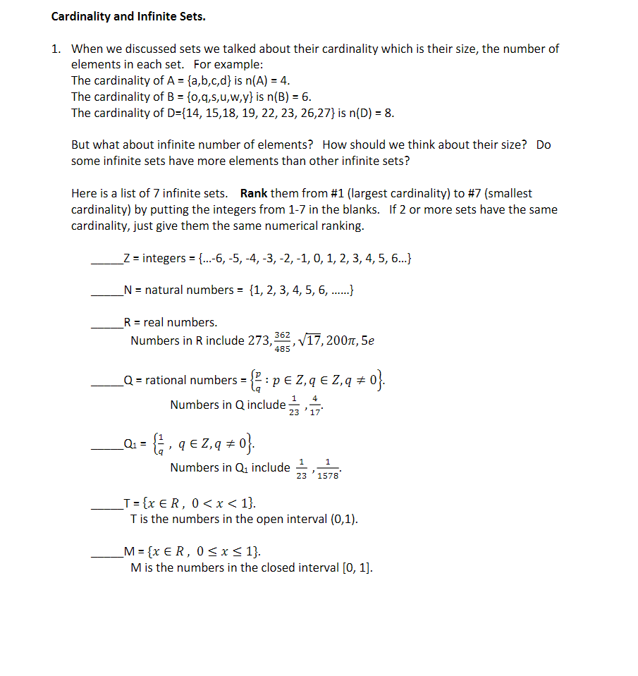 Solved Cardinality And Infinite Sets 1 When We Discussed Chegg