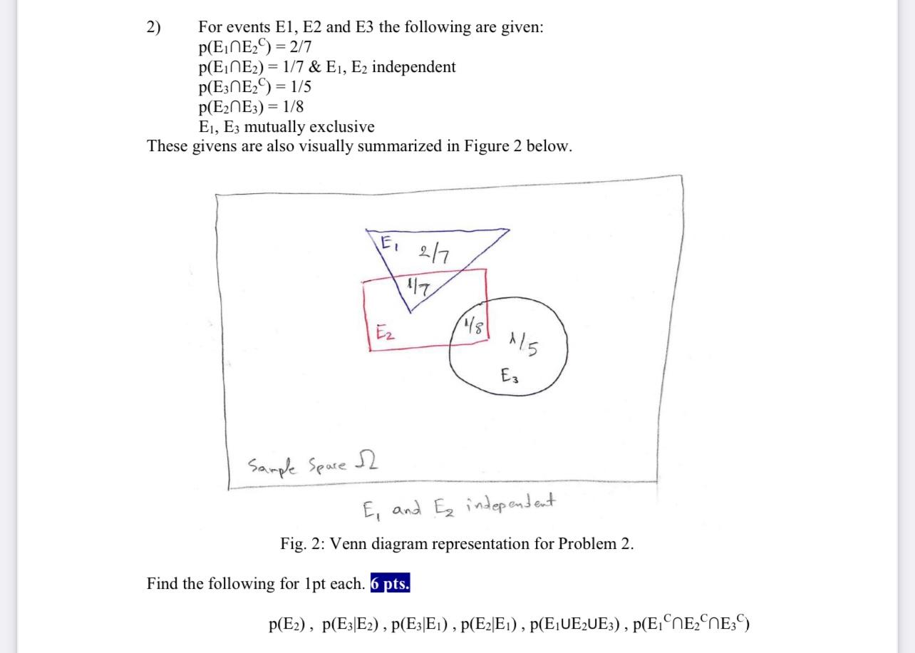 Solved 2) For events E1, E2 and E3 the following are given: | Chegg.com