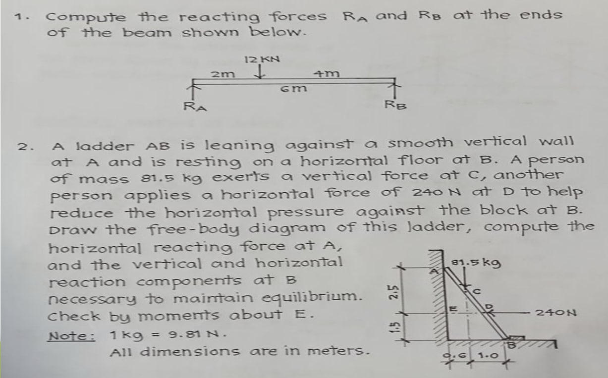 Solved 1. Compute the reacting forces RA and Rs at the ends | Chegg.com
