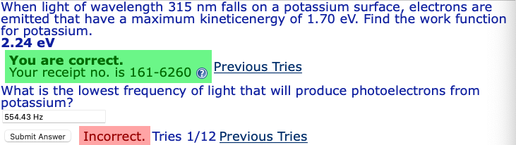 Solved When light of wavelength 315 nm falls on a potassium | Chegg.com