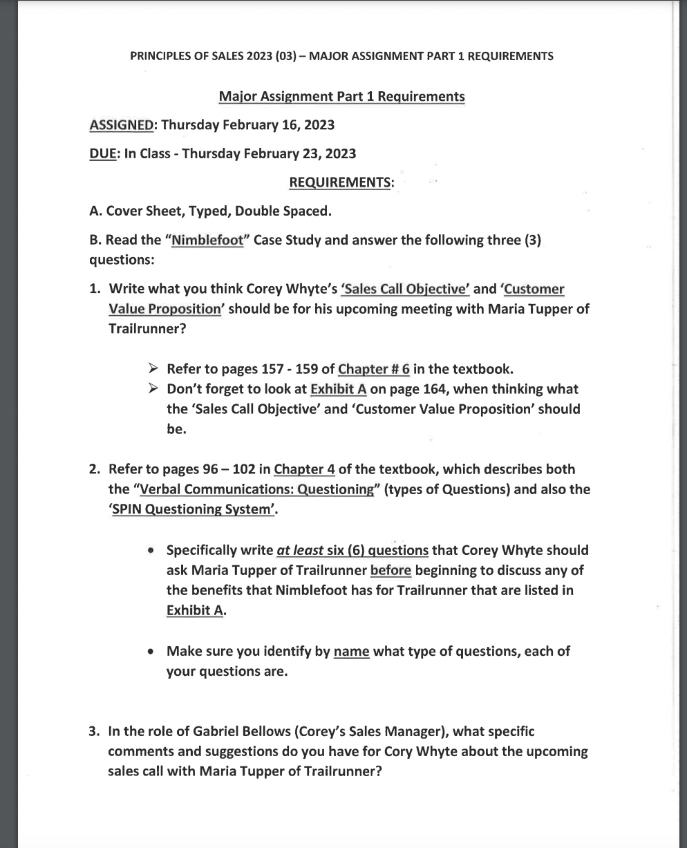 Solved PRINCIPLES OF SALES 2023 (03) - MAJOR ASSIGNMENT PART | Chegg.com