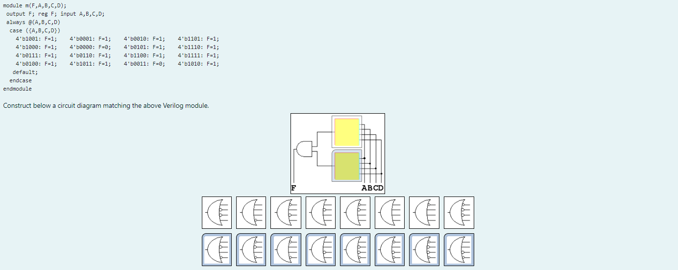 Solved module m(F,A,B,C,D); output F; input A,B,C,D; wire | Chegg.com