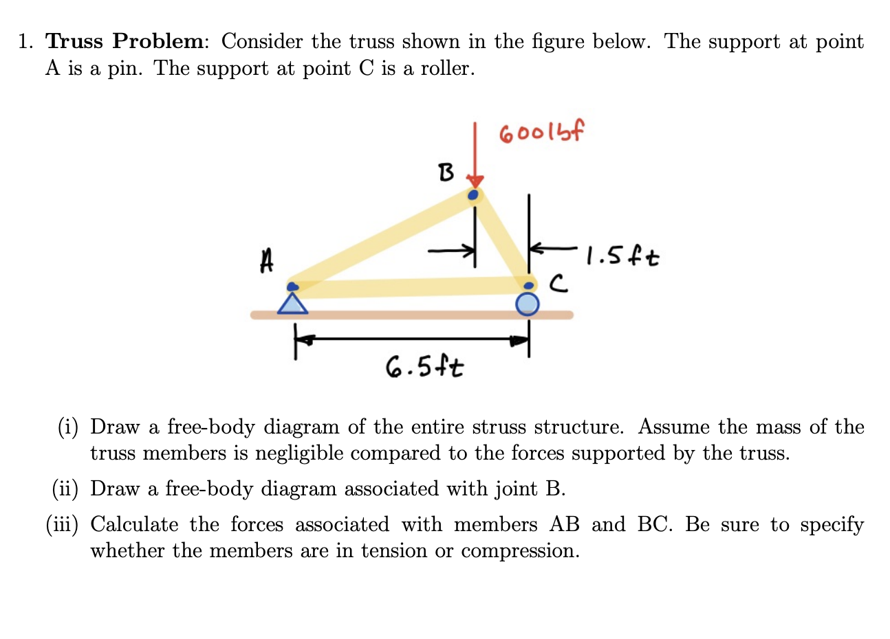 Solved 1. Truss Problem: Consider the truss shown in the | Chegg.com