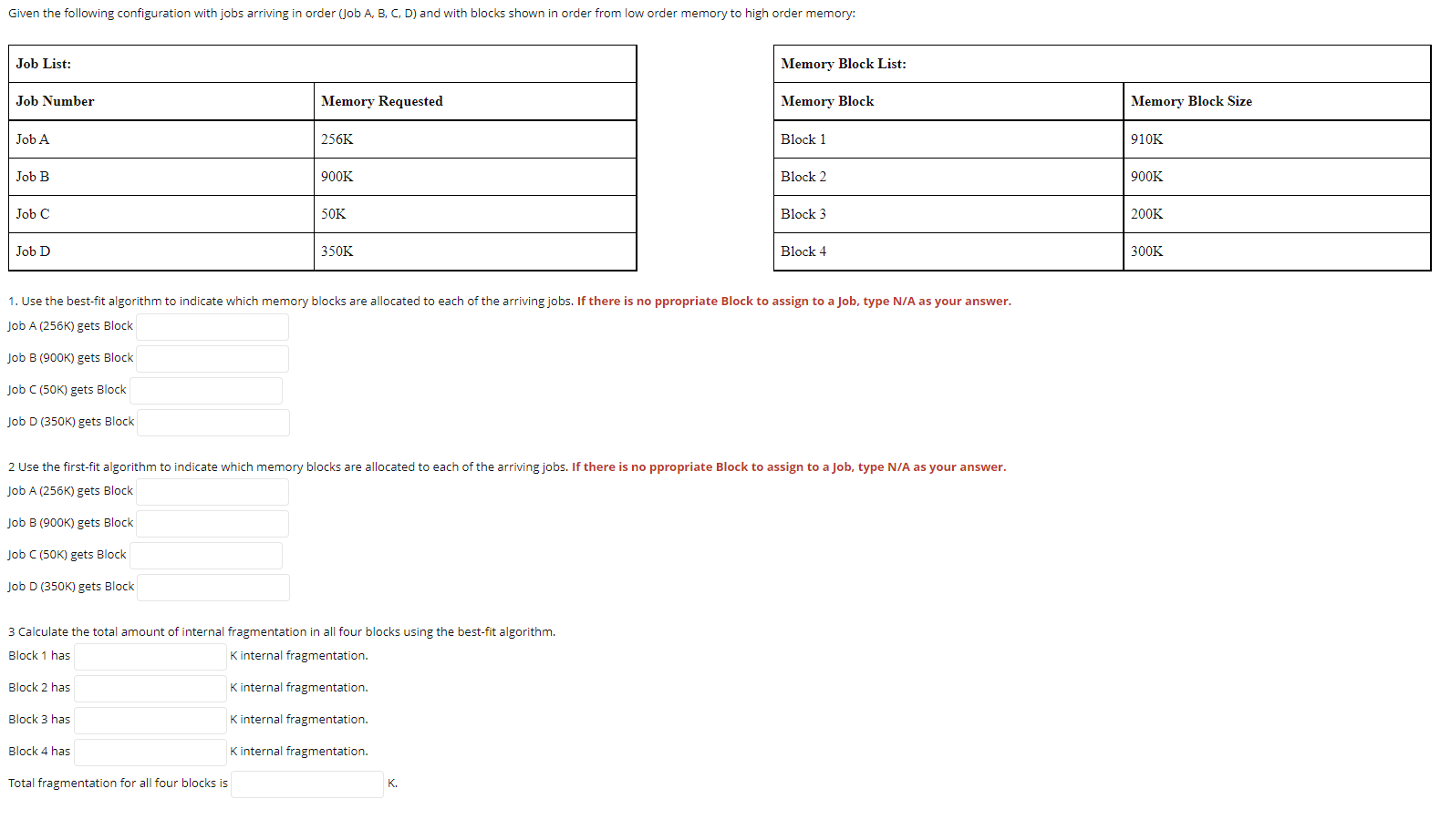Solved 2 Use The First Fit Algorithm To Indicate Which